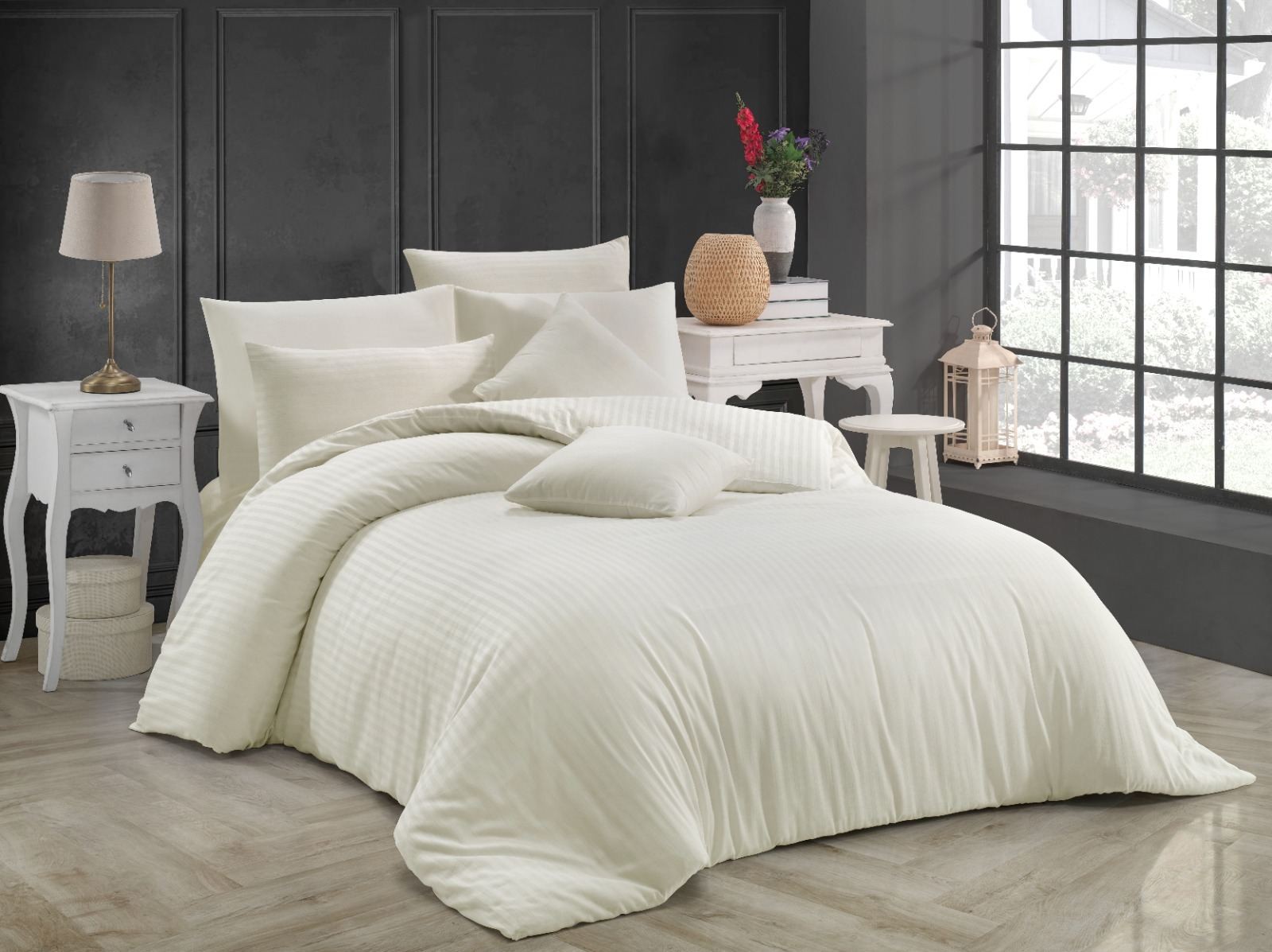 Spavaći set Rakla - Line Cream, satenski pamuk | Ozone.hr